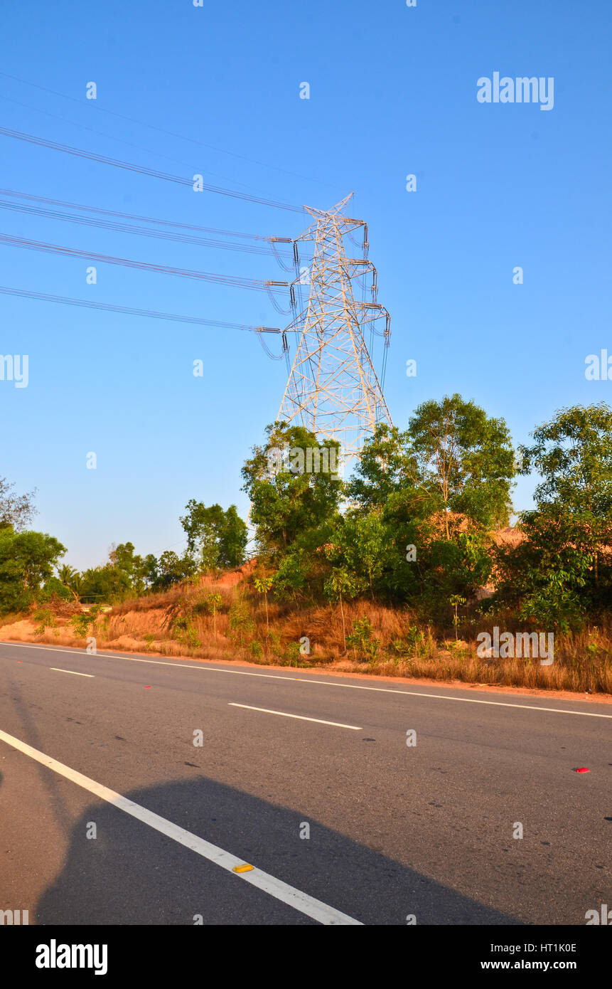 Extra High Voltage Transmission line on galvanized steel pylons in a ...