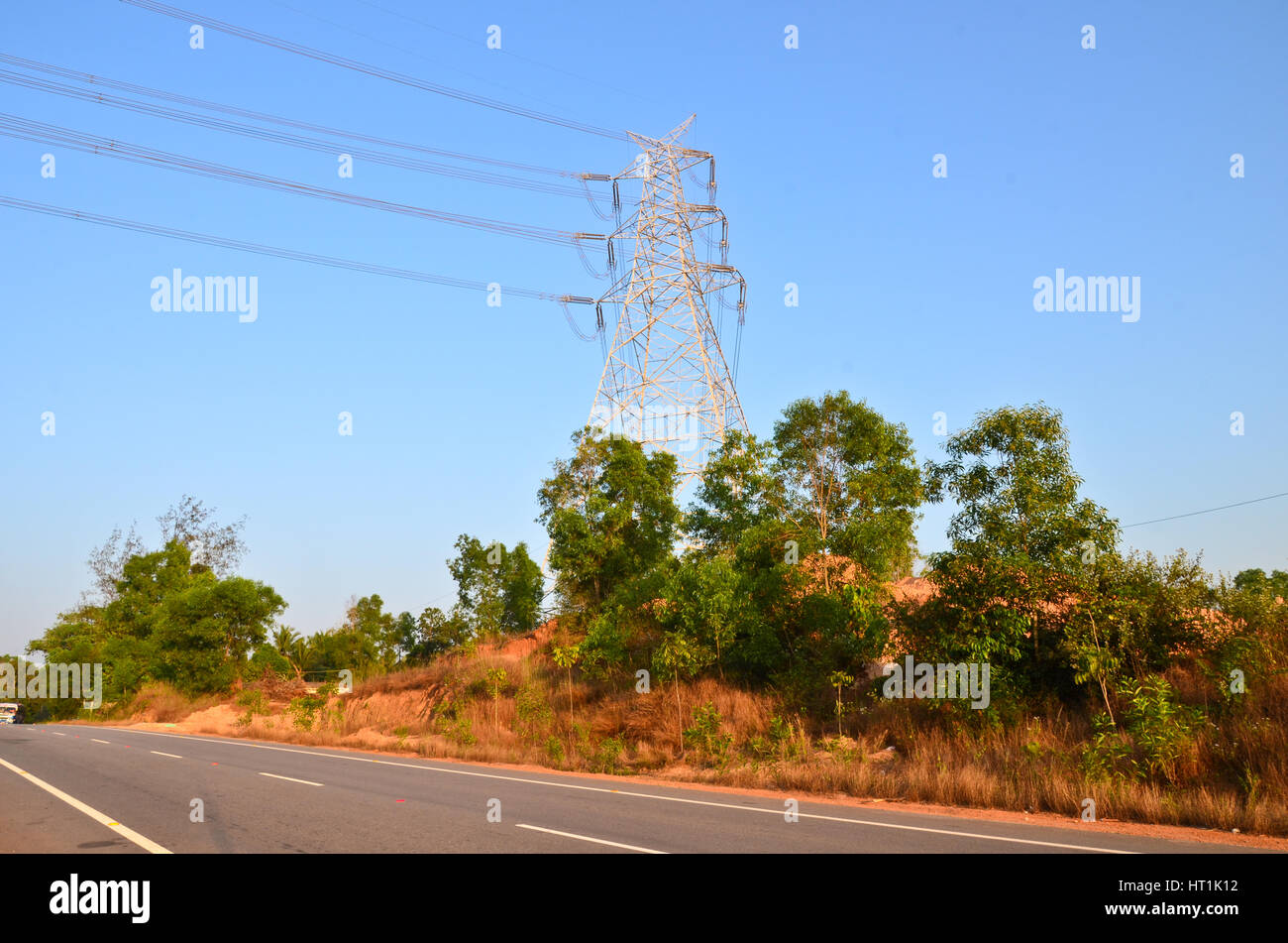 Extra High Voltage Transmission line on galvanized steel pylons in a ...