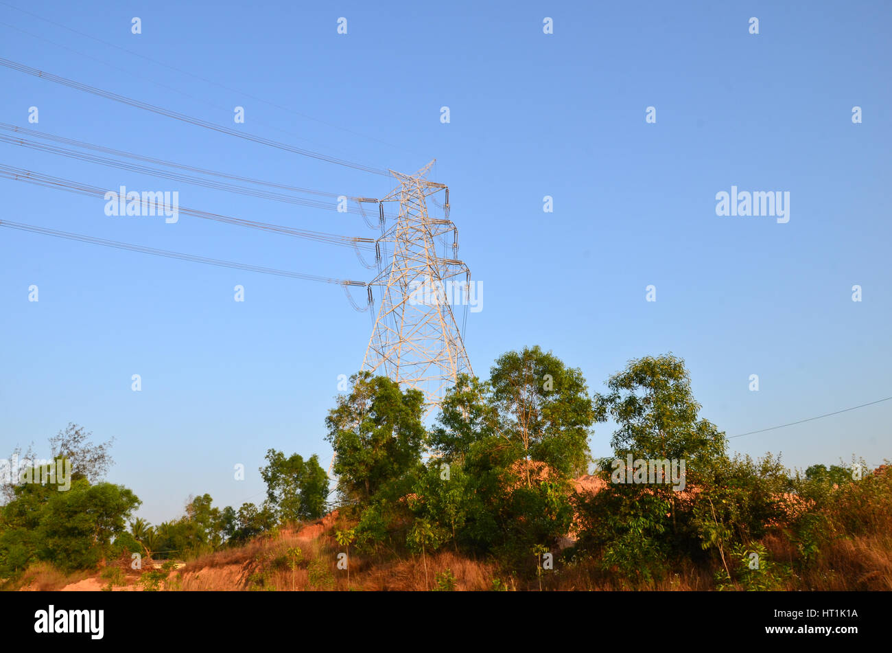 Extra High Voltage Transmission line on galvanized steel pylons in a ...