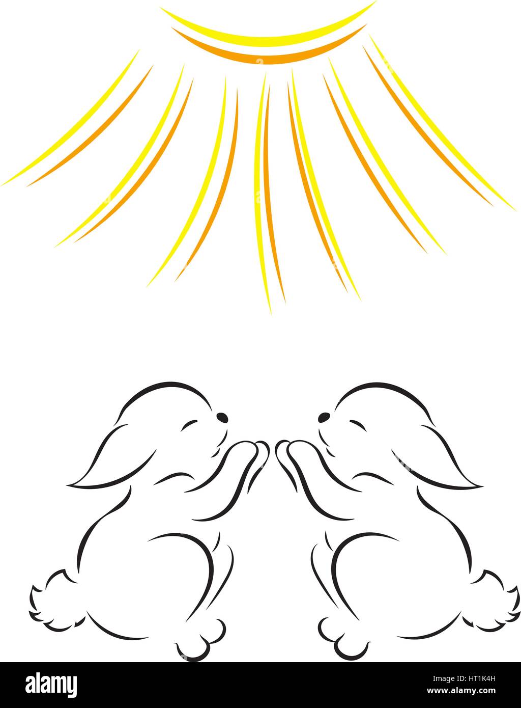 Vector image silhouettes of two cute rabbits under bright sun isolated ...