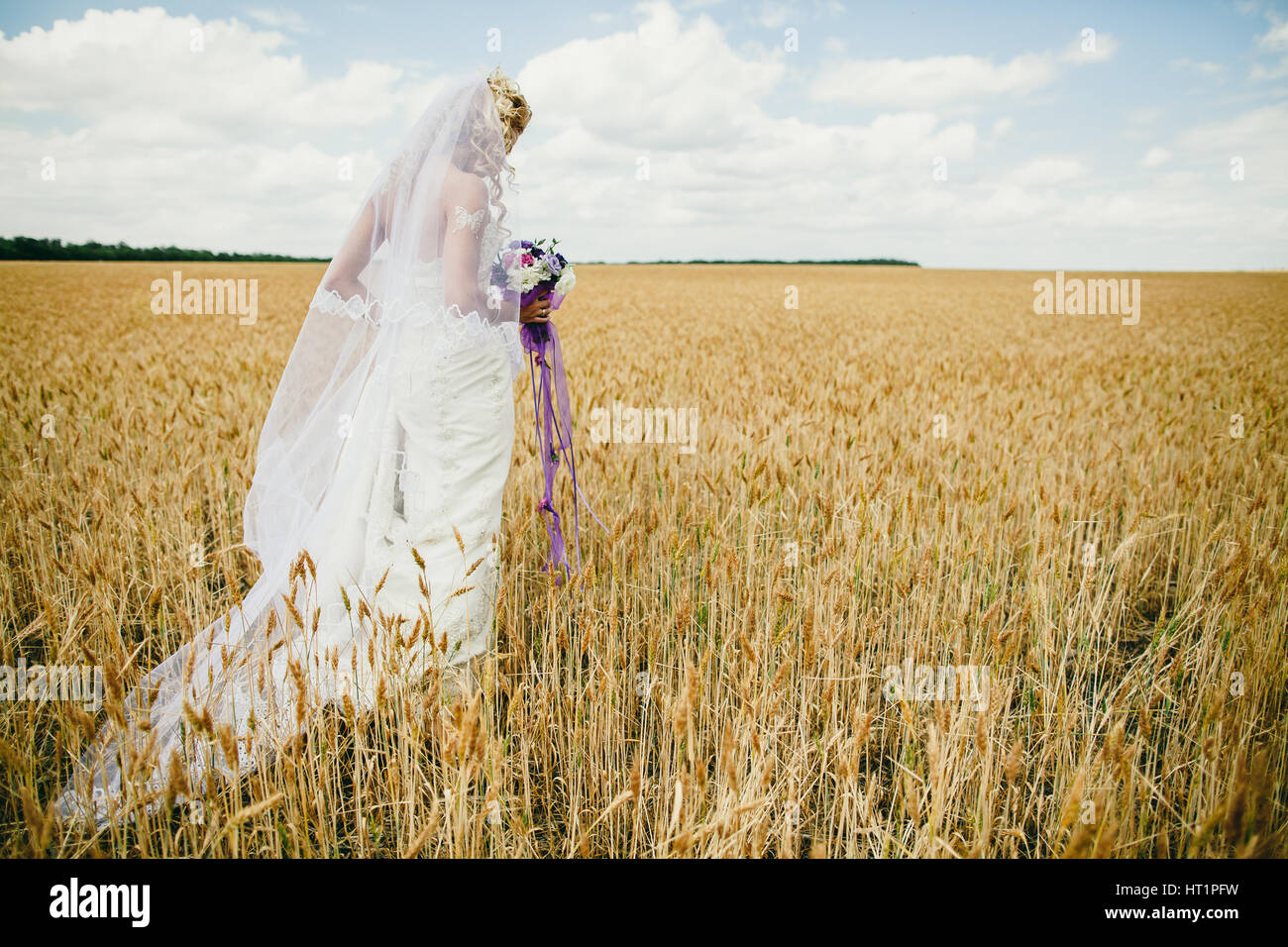 Bride Walking In A Wheat Field. Beautiful bride with bouquet Stock ...