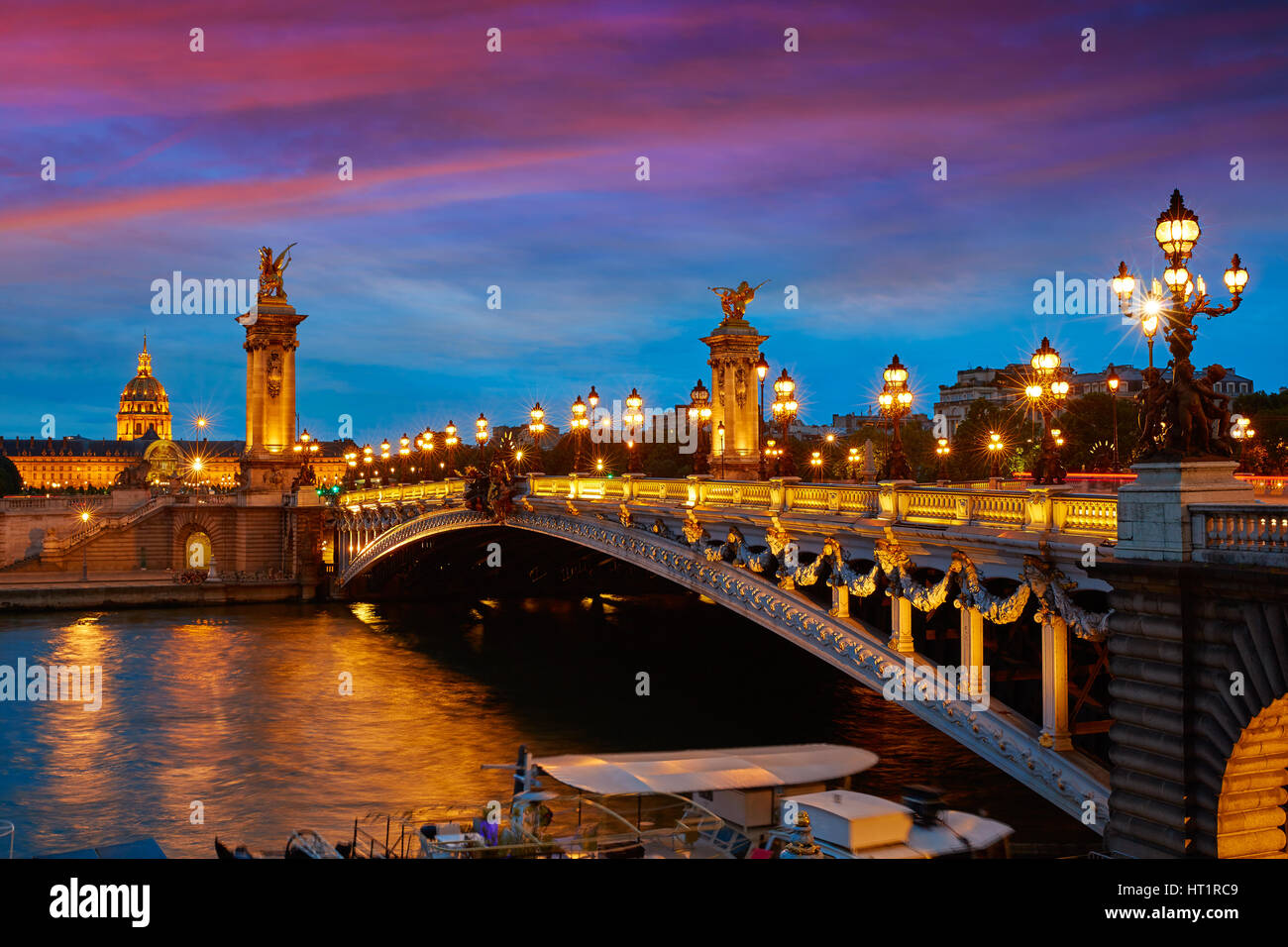 Pont Alexandre III In Paris France Sunset Over Seine River Stock Photo