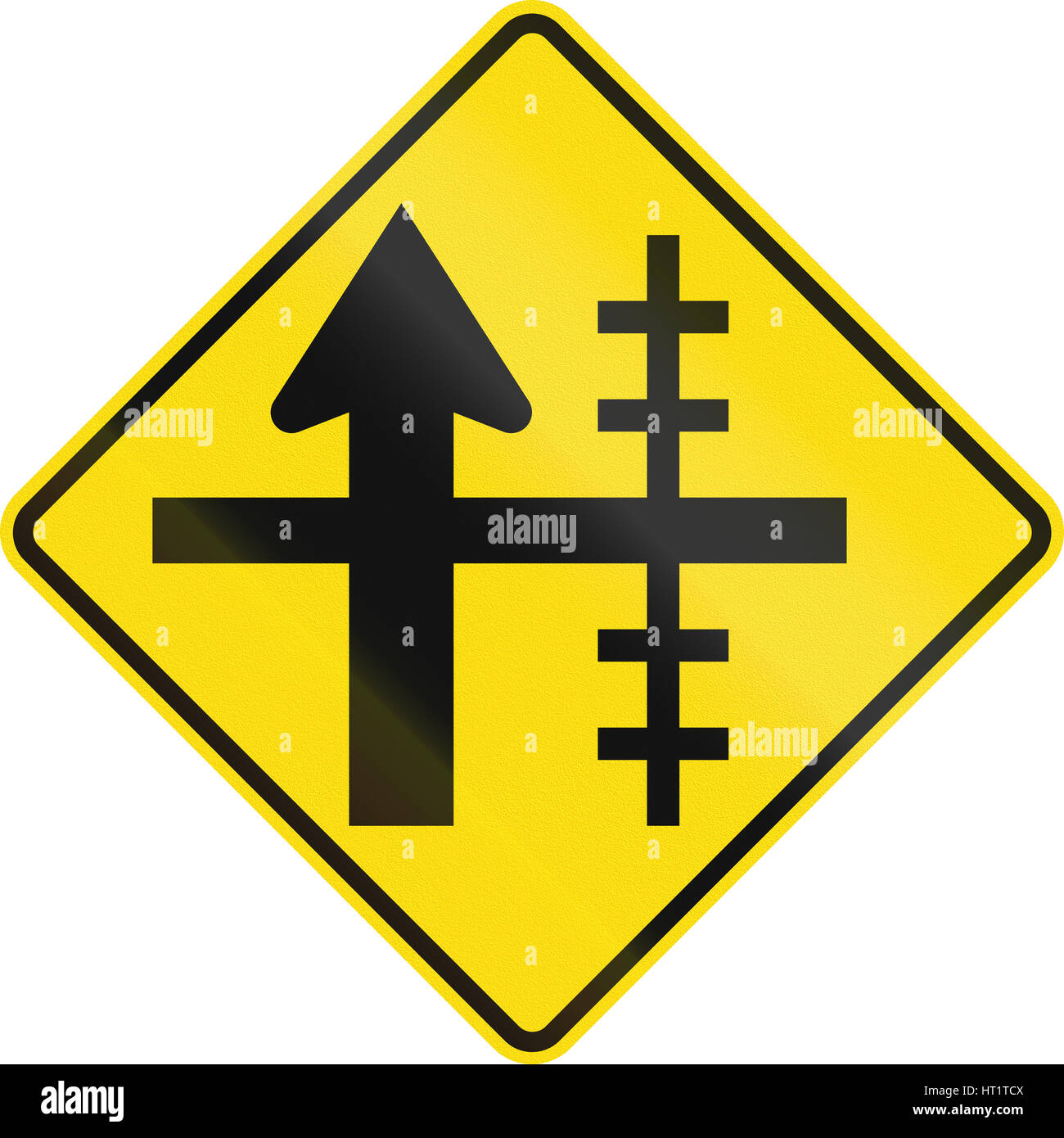 New Zealand road sign - Level crossing on controlled crossroad on right ...