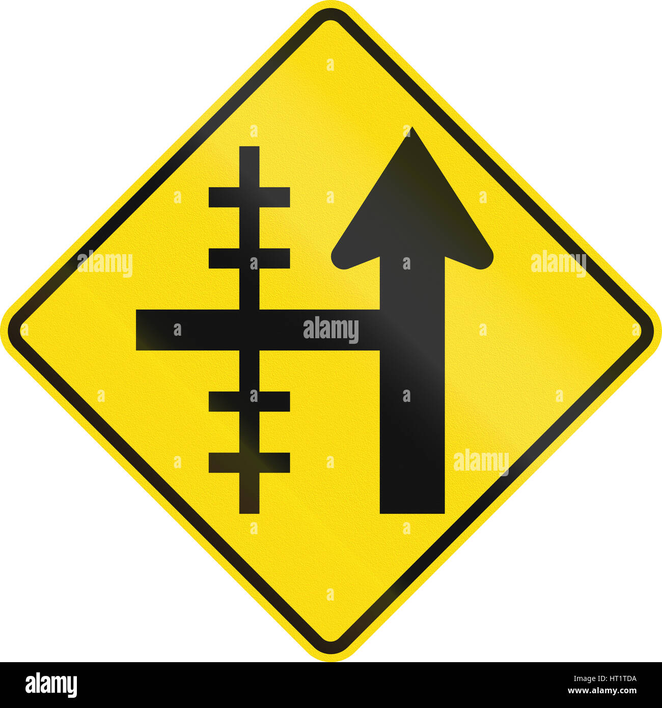 New Zealand road sign - Level crossing on controlled crossroad on left ...