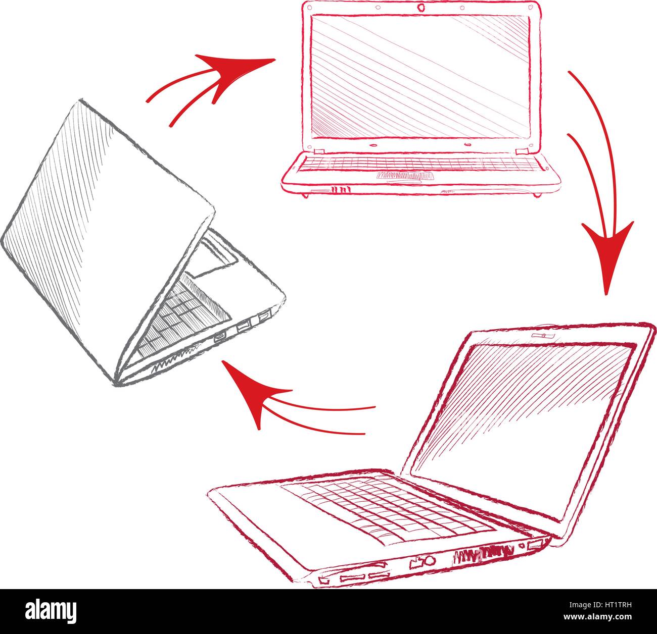 Laptop set. Computer hand drawn sketch doodle engraved illustration ...