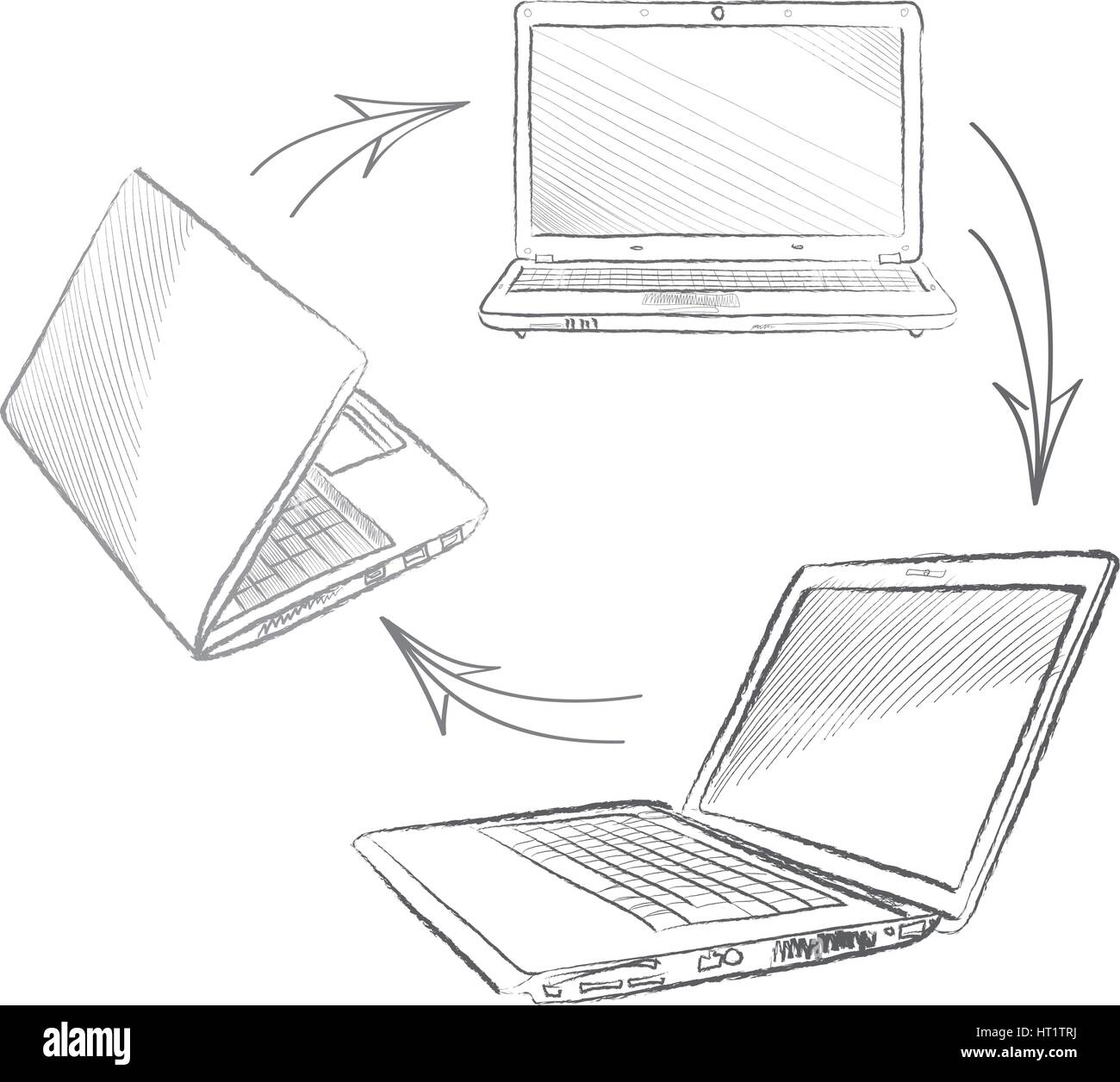 Laptop set. Computer hand drawn sketch doodle engraved illustration ...