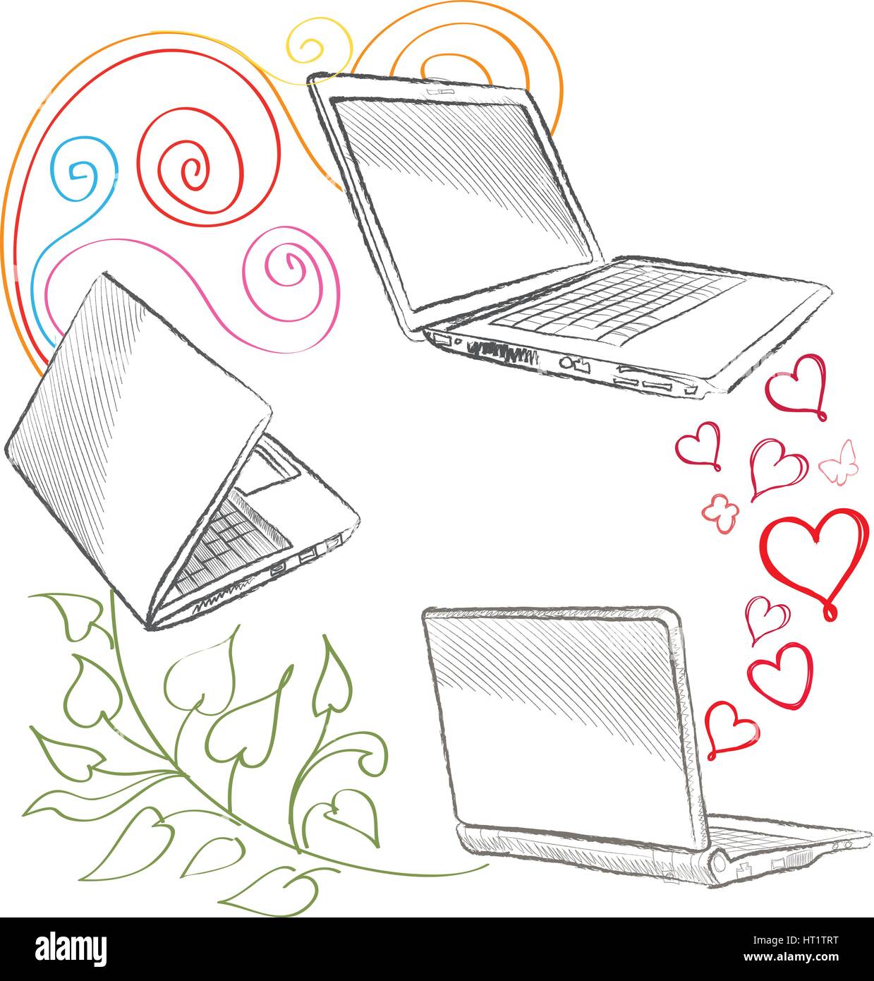 Laptop set. Computer hand drawn sketch doodle engraved illustration ...