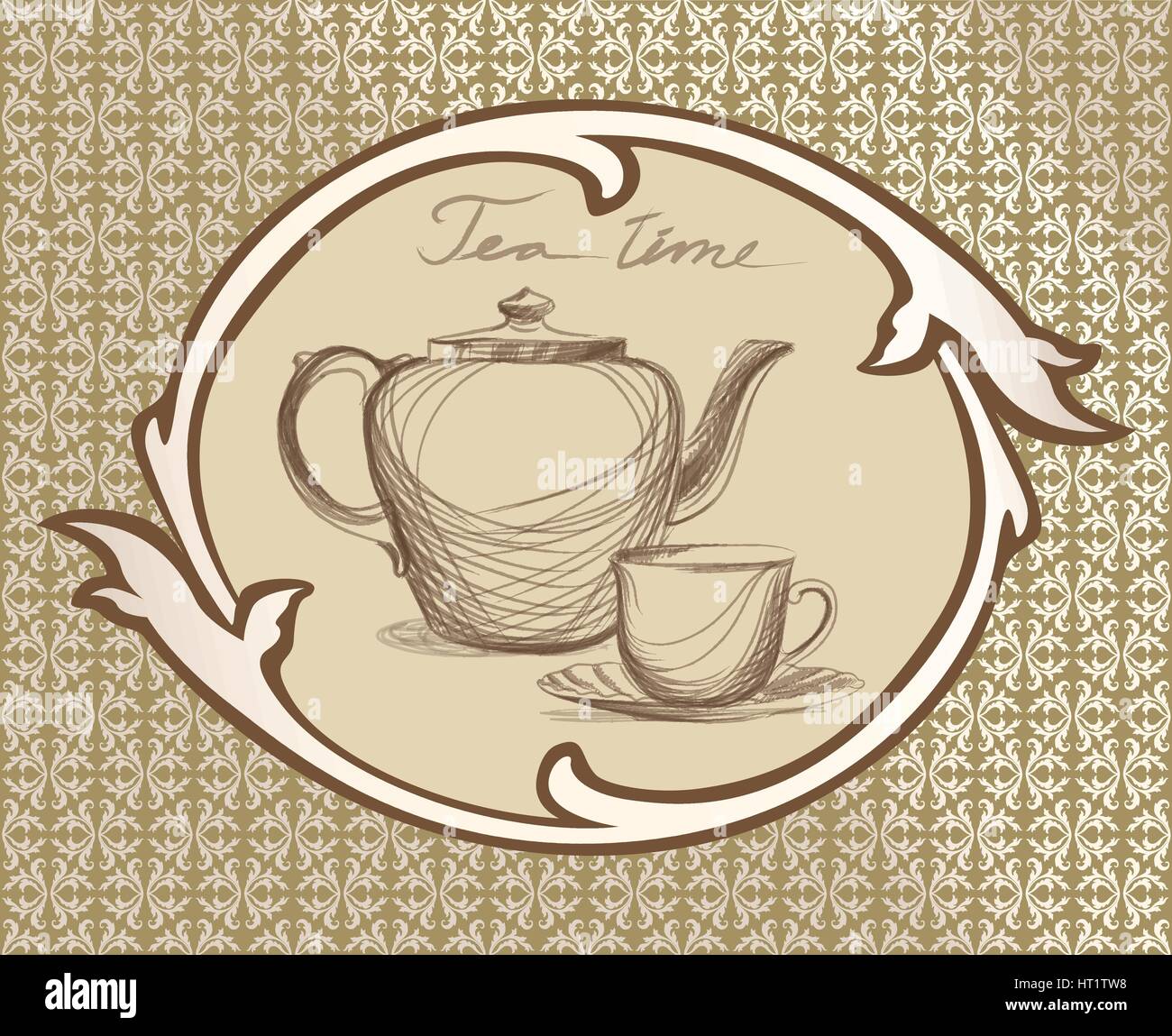 Tea cup and kettle retro card. Tea time vintage label. Tea cup and pot ...