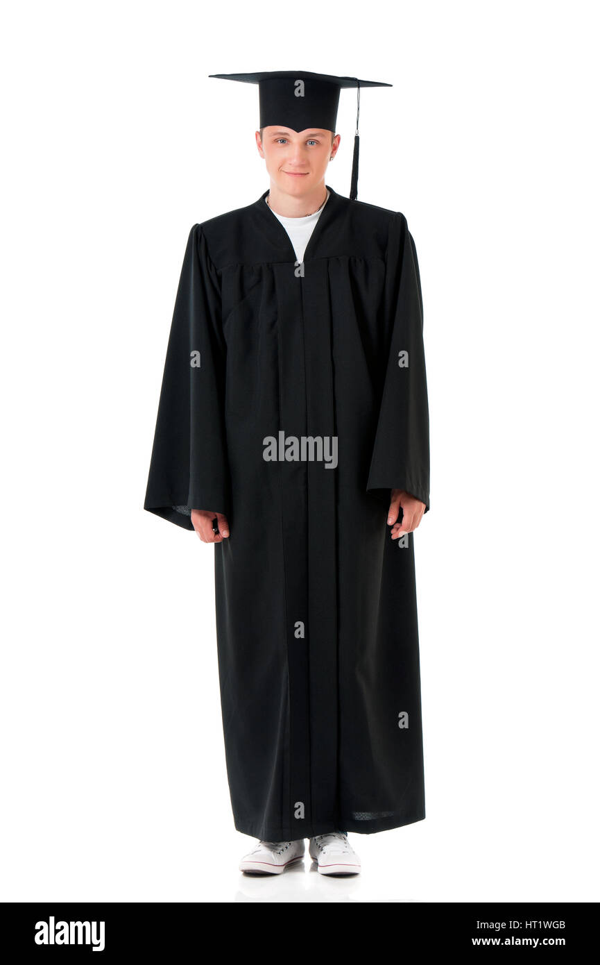 Handsome graduate guy student in mantle, isolated on white background ...