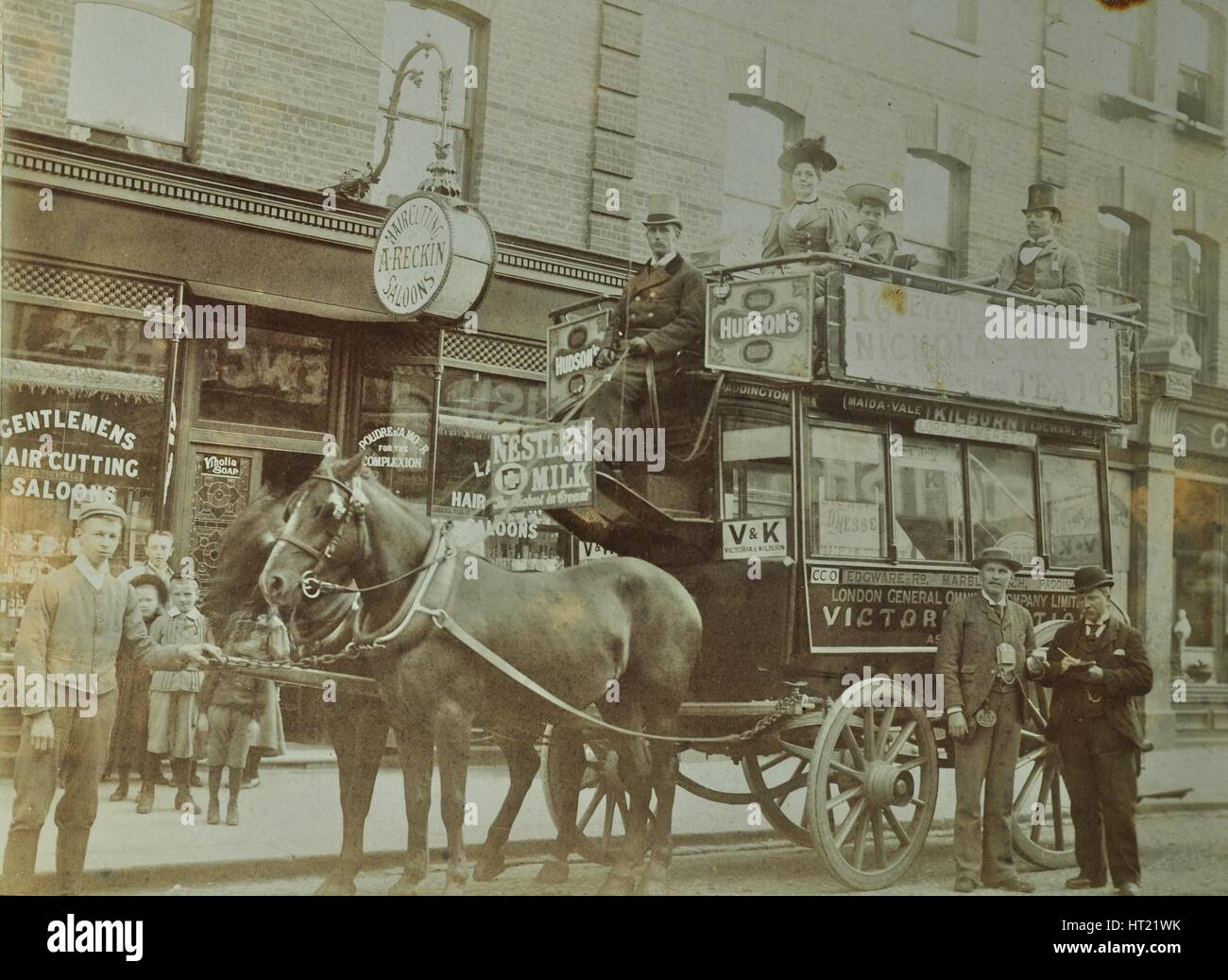 Horse-drawn omnibus and passengers, London, 1900. Artist: Unknown Stock ...