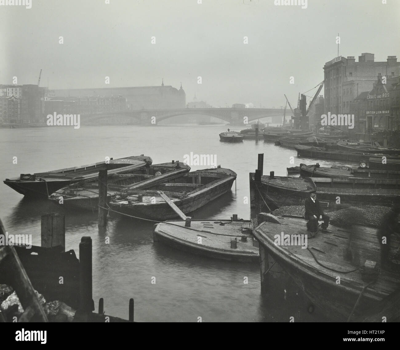 Barges moored at Bankside wharves looking downstream, London, 1913 ...
