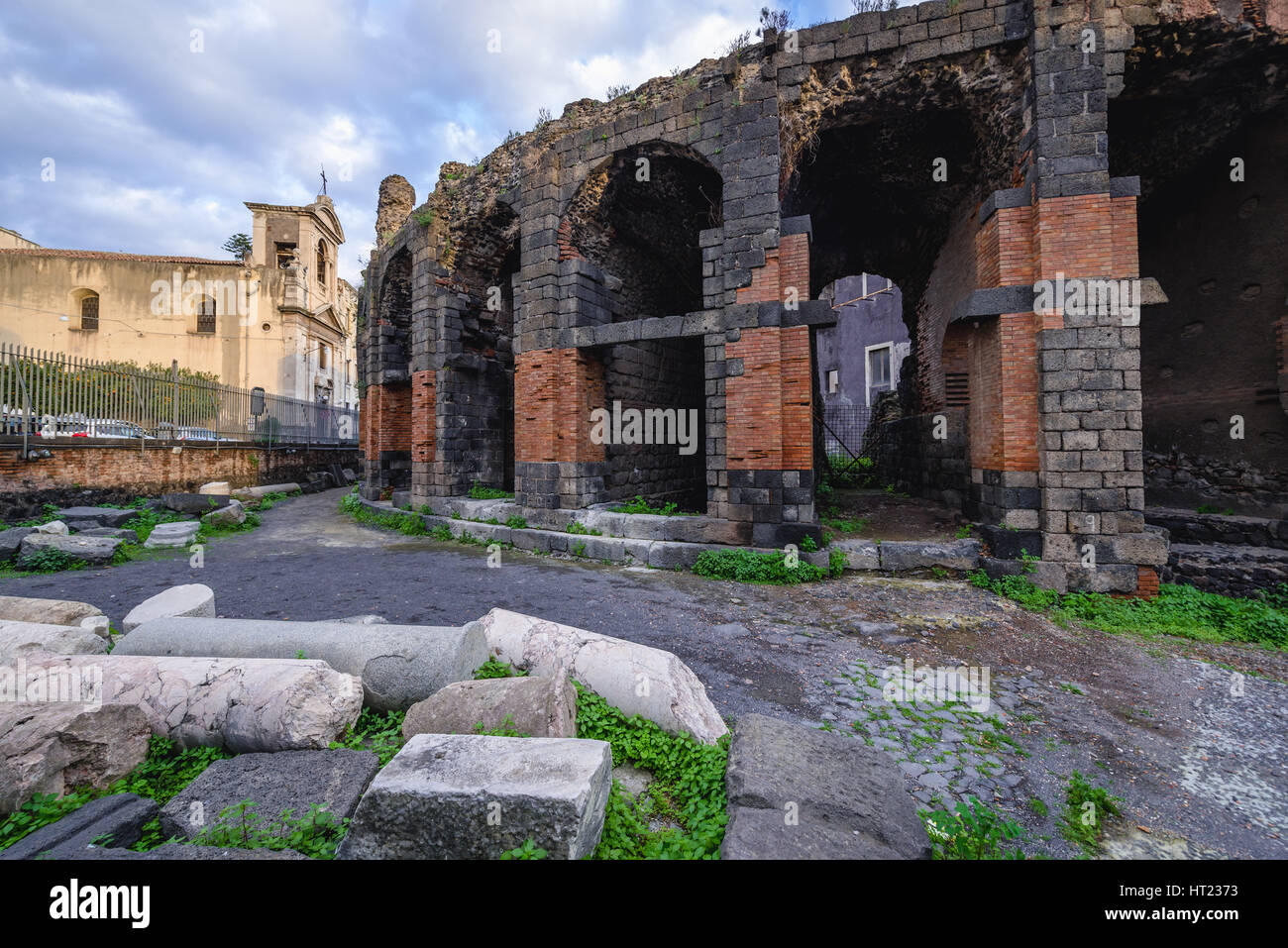 Ruins of ancient Roman Odeon in Catania city on the east side of Sicily ...