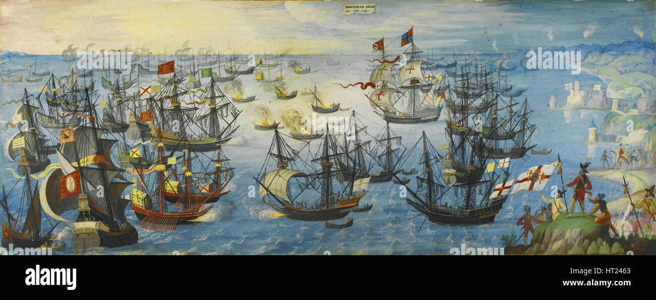 The Spanish Armada off the south coast of England, 1588. Artist ...
