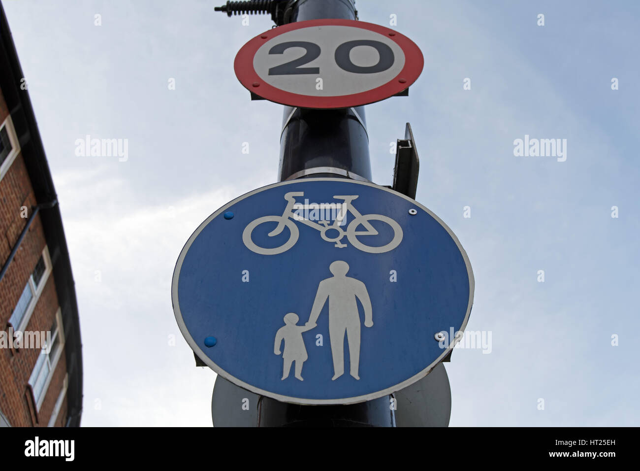 british road signs for a pedestrian cyclist shared use path and a 20mph ...