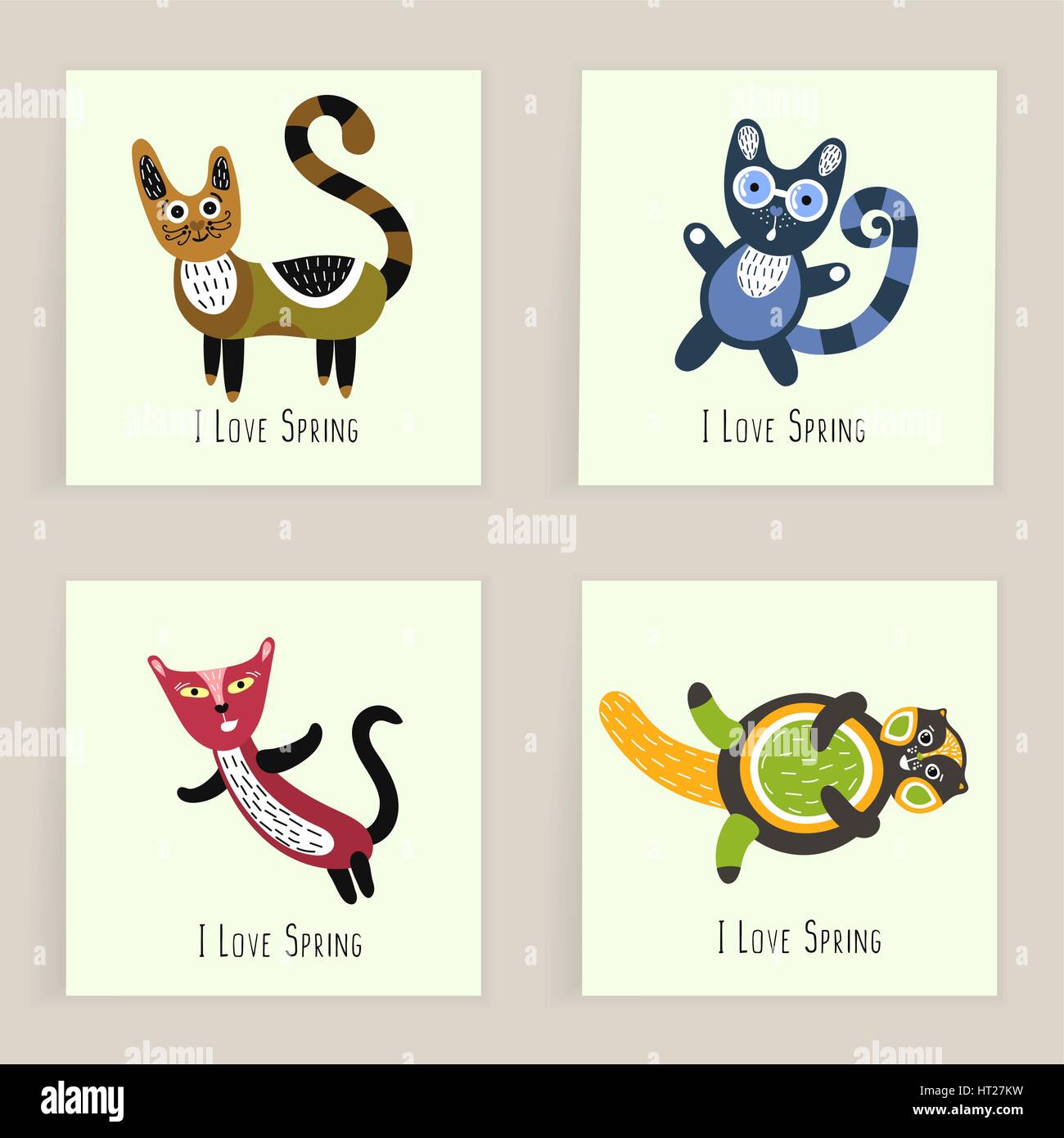 Four square cards. Hand drawn funny March cats. Artistic background ...