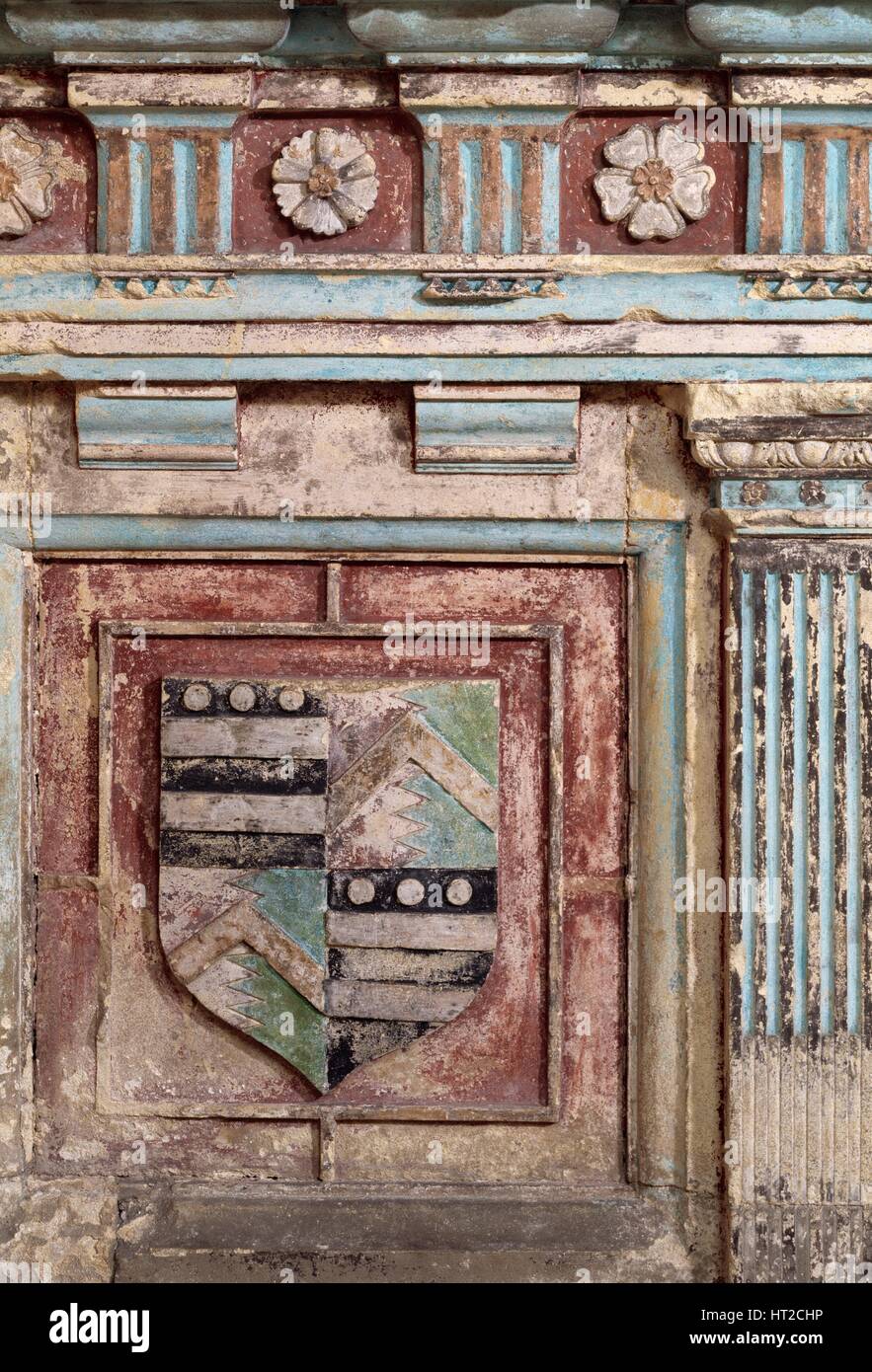 Detail of a coat of arms on a tomb in the chapel of Farleigh Hungerford ...