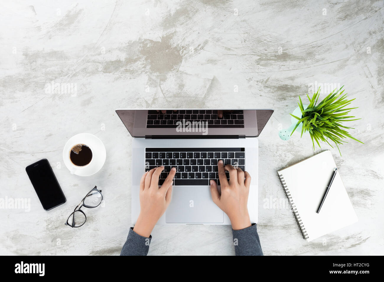 hand typing on laptop computer top view Stock Photo - Alamy