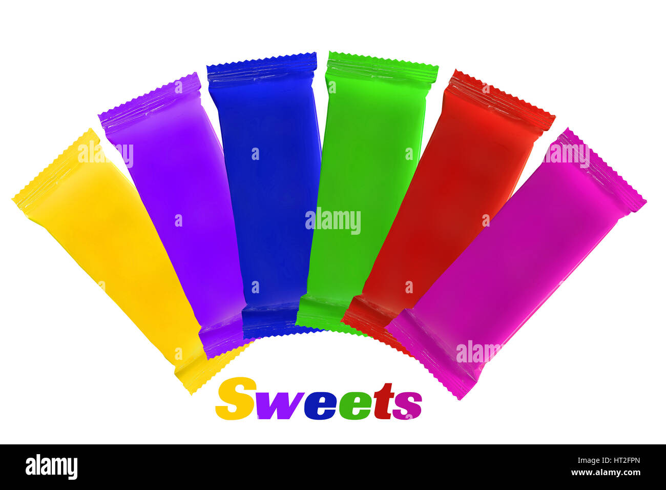 Top view of group plastic pouchs snack packaging for chocolate wafers ...