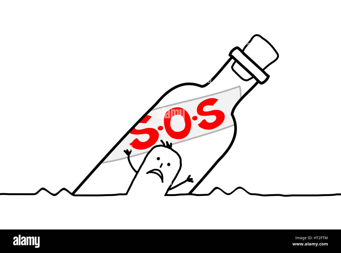 Cartoon characters - man in a S.O.S bottle Stock Photo - Alamy