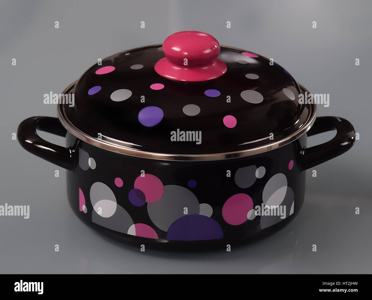Enameled pan with handle and lid, front view Stock Photo - Alamy