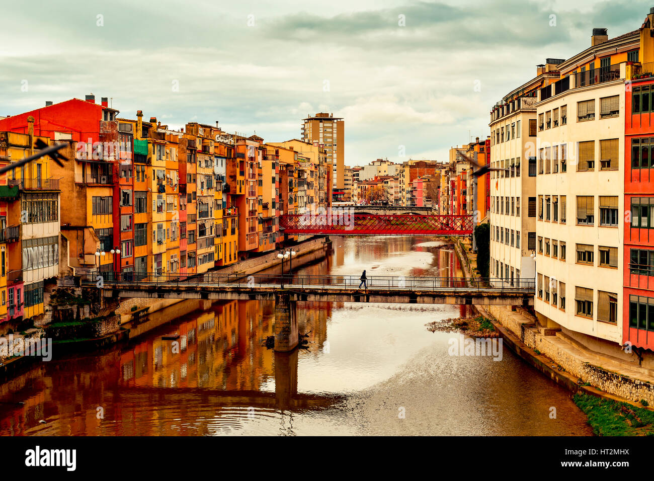 a view of the Onyar River as it passes through Girona, in Spain, some ...