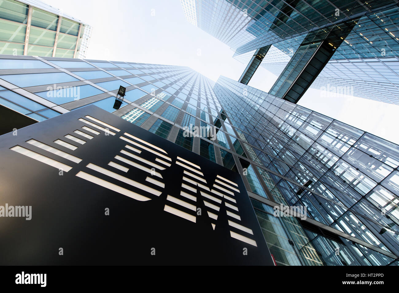 Munich, Germany. 6th Mar, 2017. The IBM logo on the entrance to the ...