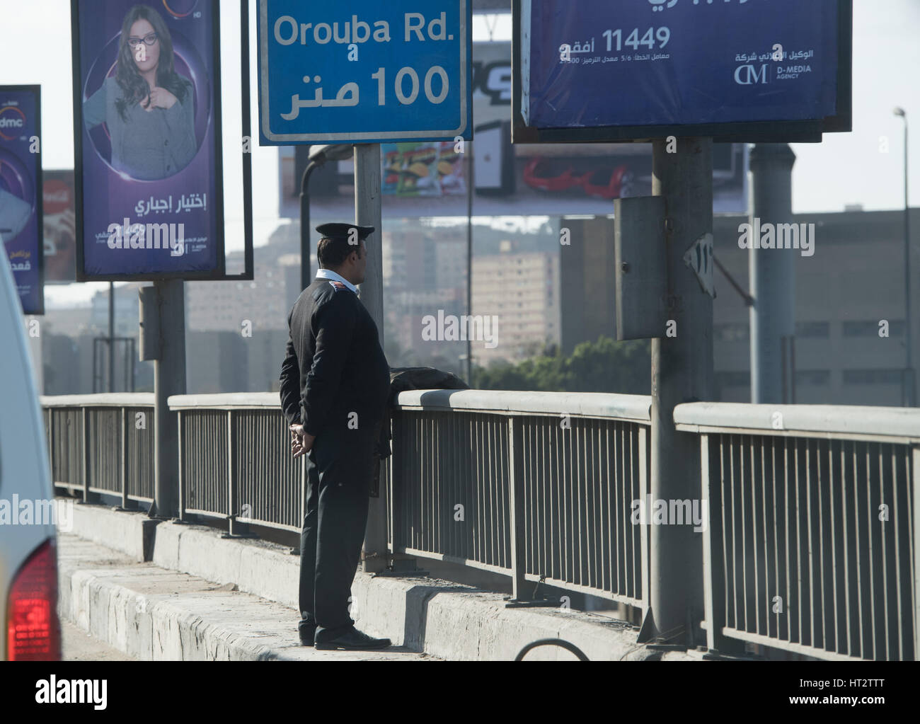 Cairo, Egypt. 03rd Mar, 2017. A police officer on a bridge in Cairo ...