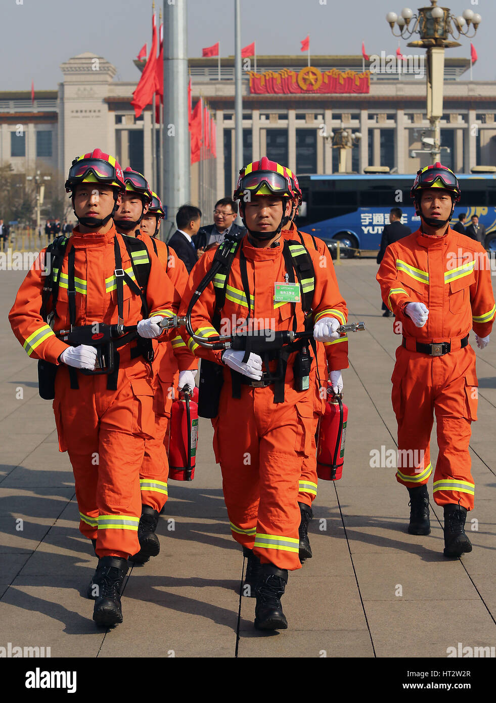 Beijing, CHINA, China. 3rd Mar, 2017. Chinese firefighters patrol ...
