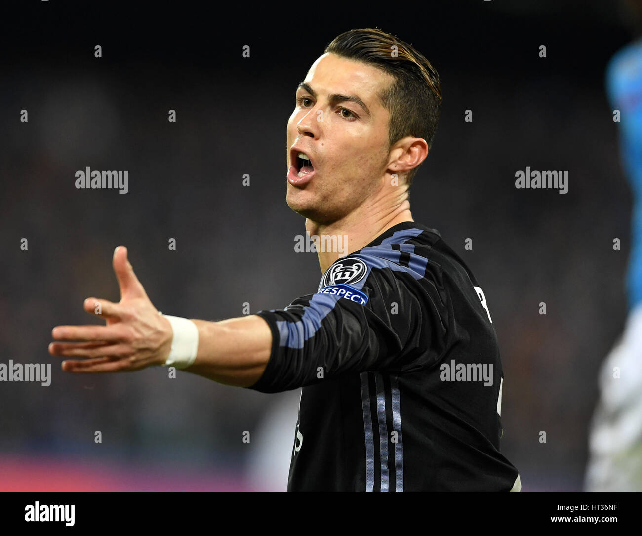Naples, Italy. 7th Mar, 2017. Real Madrid's Cristiano Ronaldo reacts ...