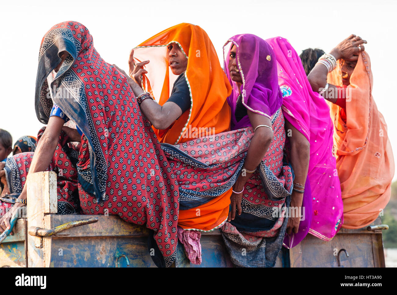 Rural India: Bhil women in brightly coloured veils and saris travelling ...