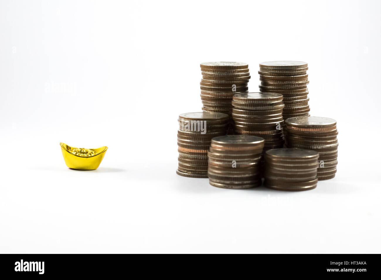 Compare value of gold and money on white background Stock Photo - Alamy