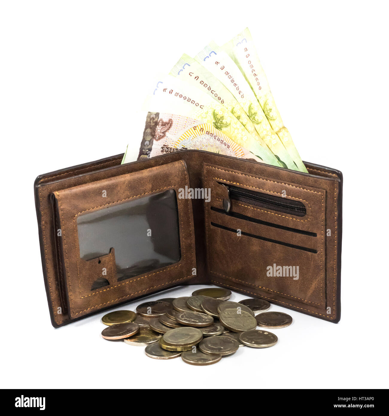 Bath bill in the brown wallet and coin on white background Stock Photo ...