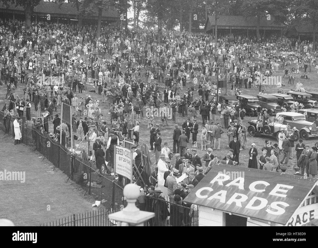 Crowds attending a motor race at Brooklands. Artist: Bill Brunell Stock ...