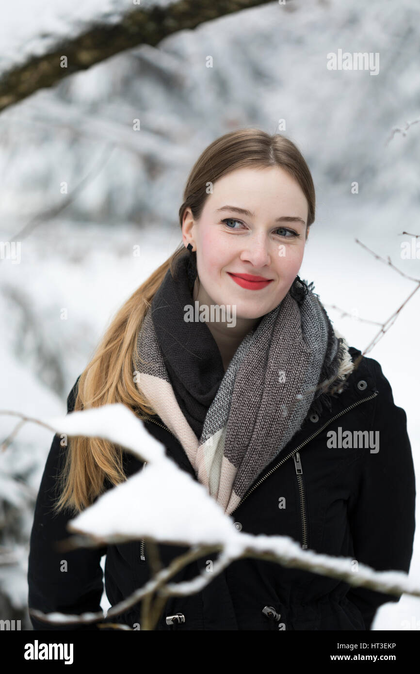 happy young beautiful woman walk in winter landscape having fun Stock ...
