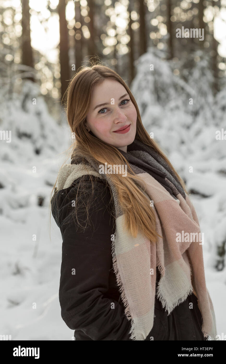 happy young beautiful woman walk in winter landscape having fun Stock ...
