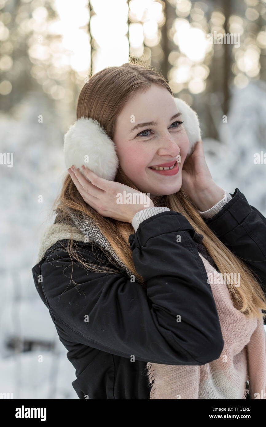 happy young beautiful woman walk in winter landscape having fun Stock ...