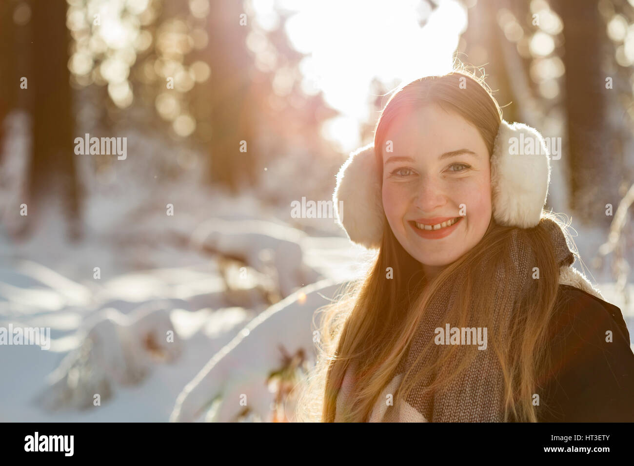 happy young beautiful woman walk in winter landscape having fun Stock ...