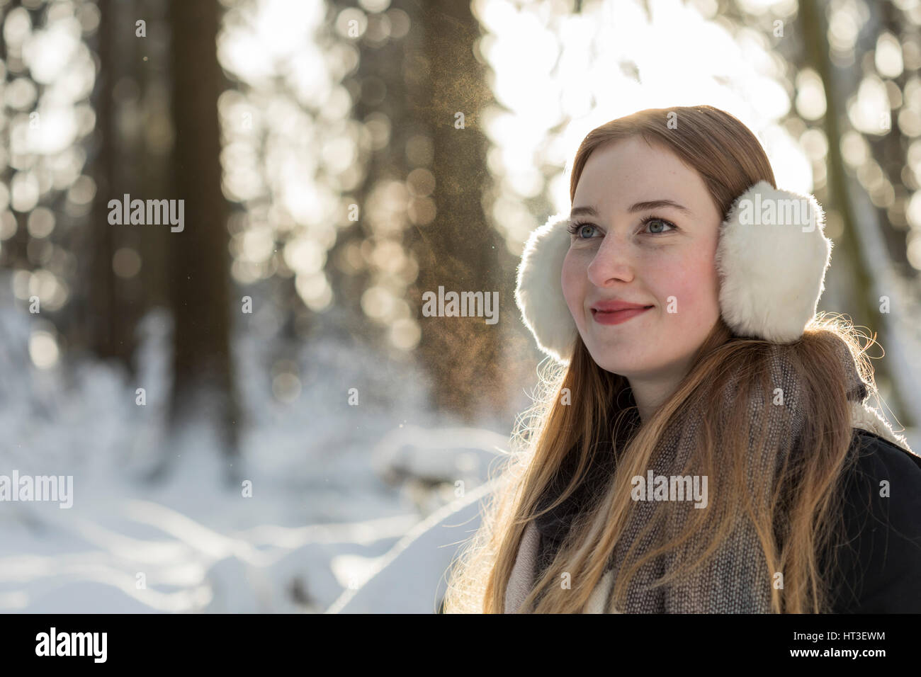 happy young beautiful woman walk in winter landscape having fun Stock ...