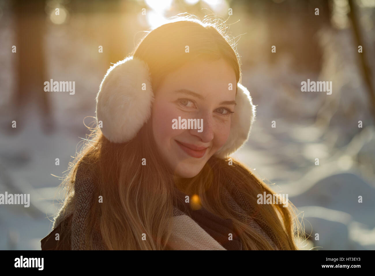 happy young beautiful woman walk in winter landscape having fun Stock ...
