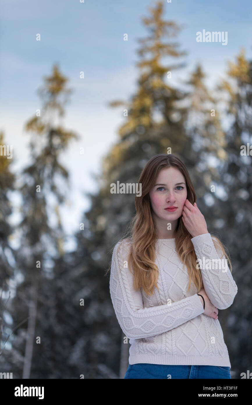 happy young beautiful woman walk in winter landscape having fun Stock ...