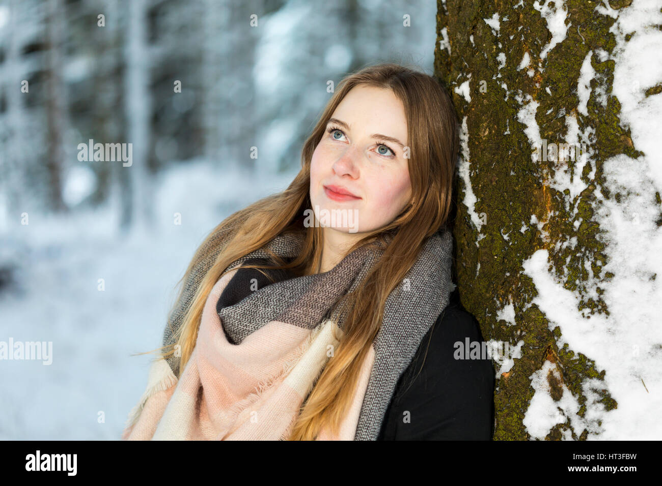 happy young beautiful woman walk in winter landscape having fun Stock ...