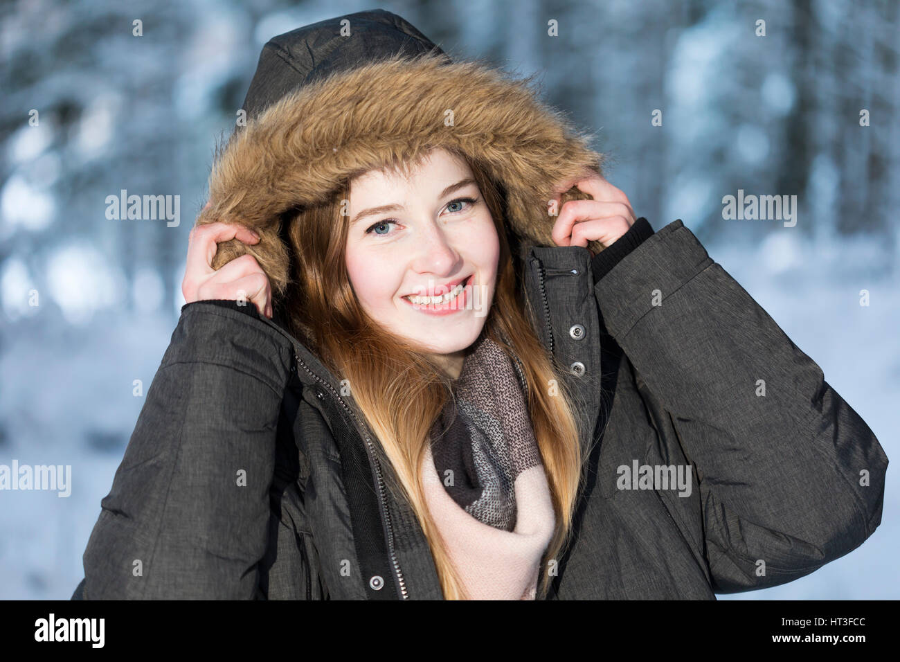 happy young beautiful woman walk in winter landscape having fun Stock ...