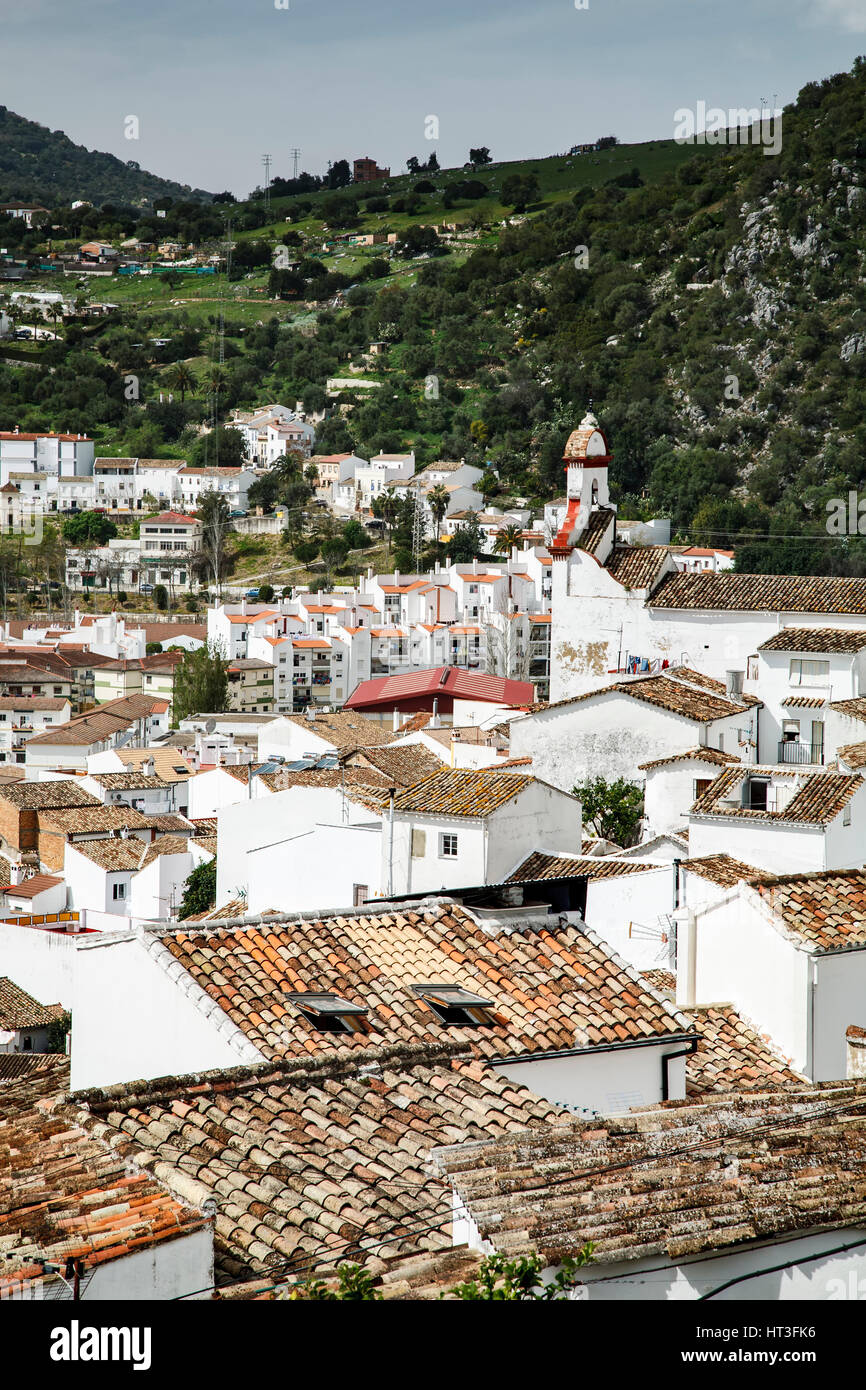 Whitewashed houses and Our Lady of the O Church, Ubrique, Spain Stock ...