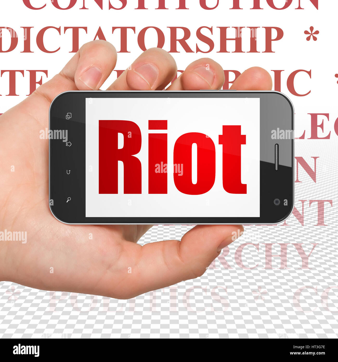 Political concept: Hand Holding Smartphone with Riot on display Stock ...