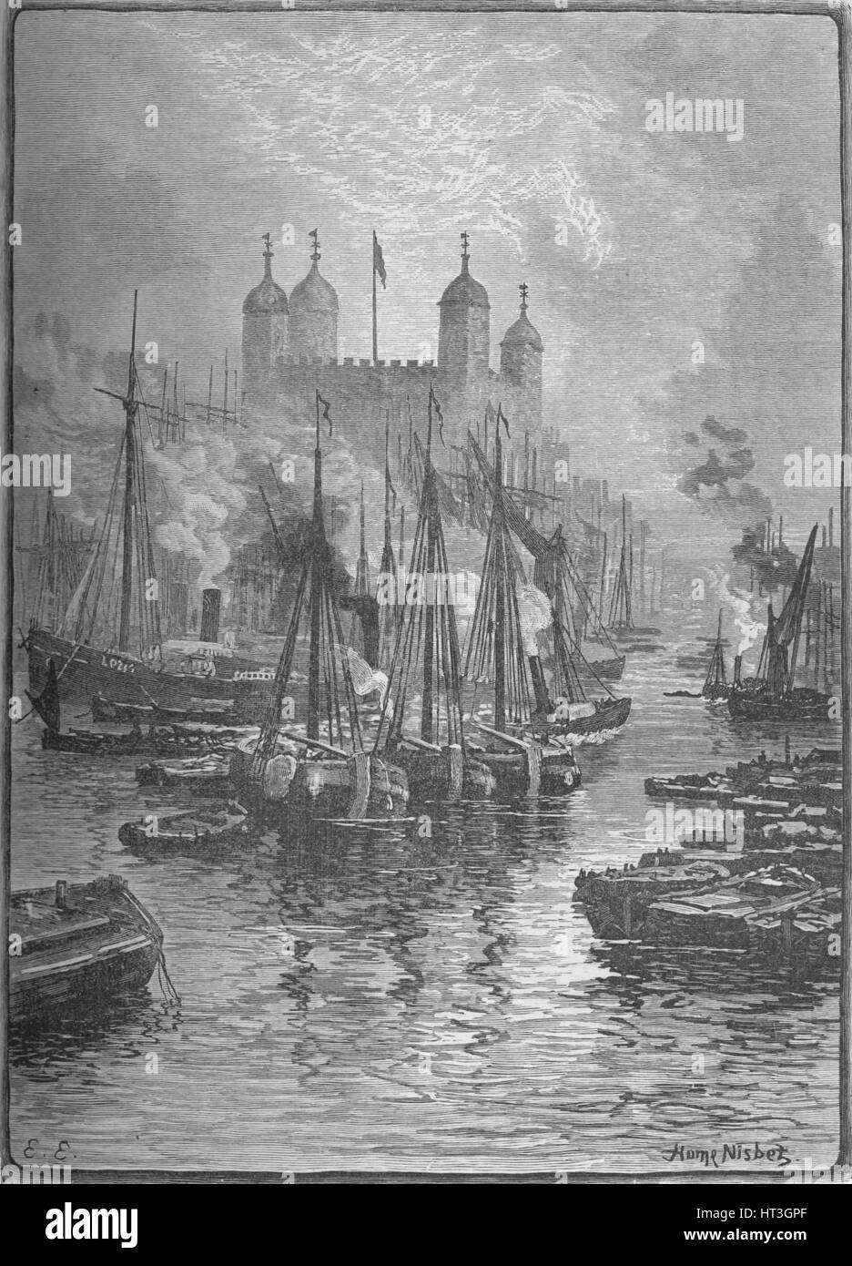 'View of the Tower from London Bridge', 1890. Artist: Hume Nisbet Stock ...