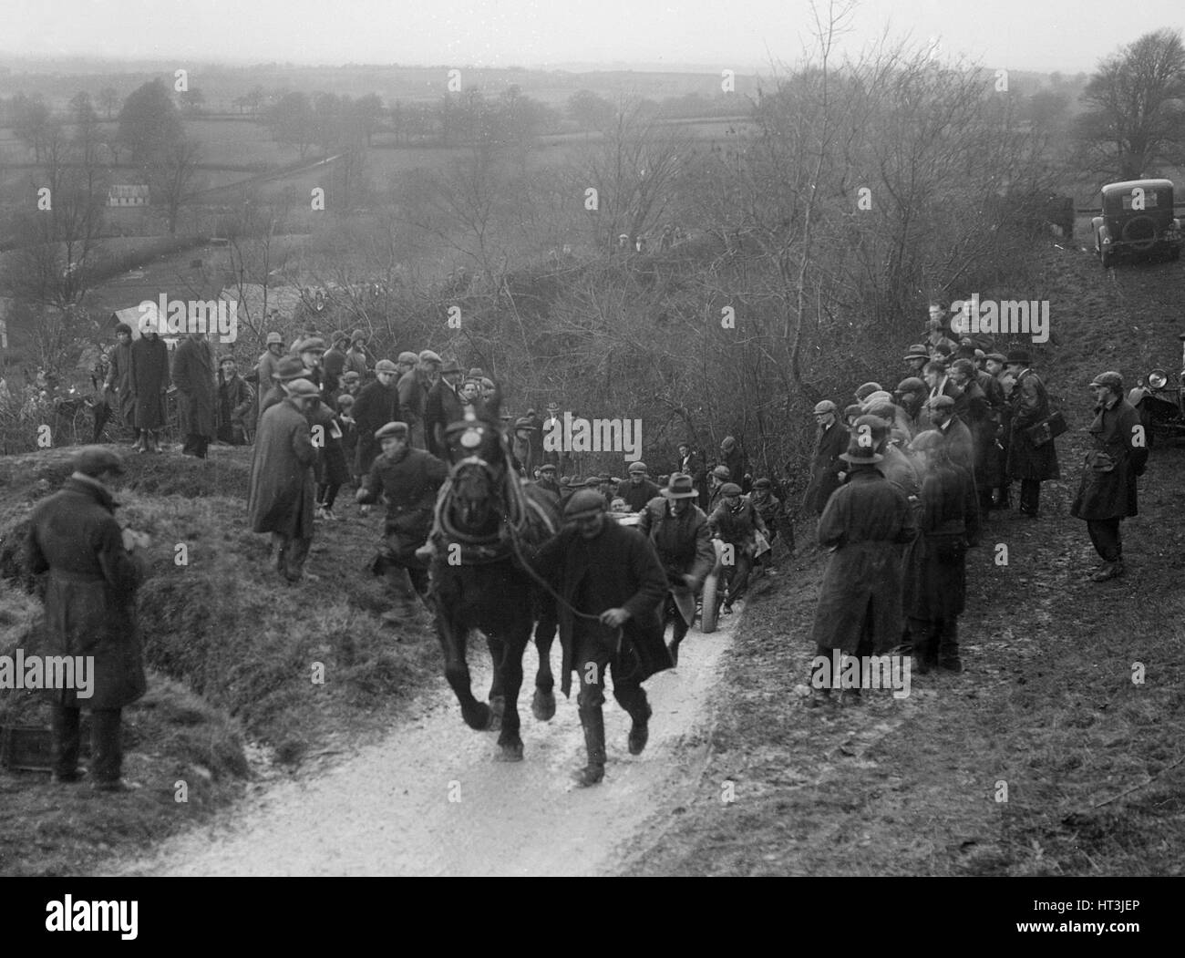Horse towing a car up Ibberton Hill, Dorset, MCC Exeter Trial, 1930 ...