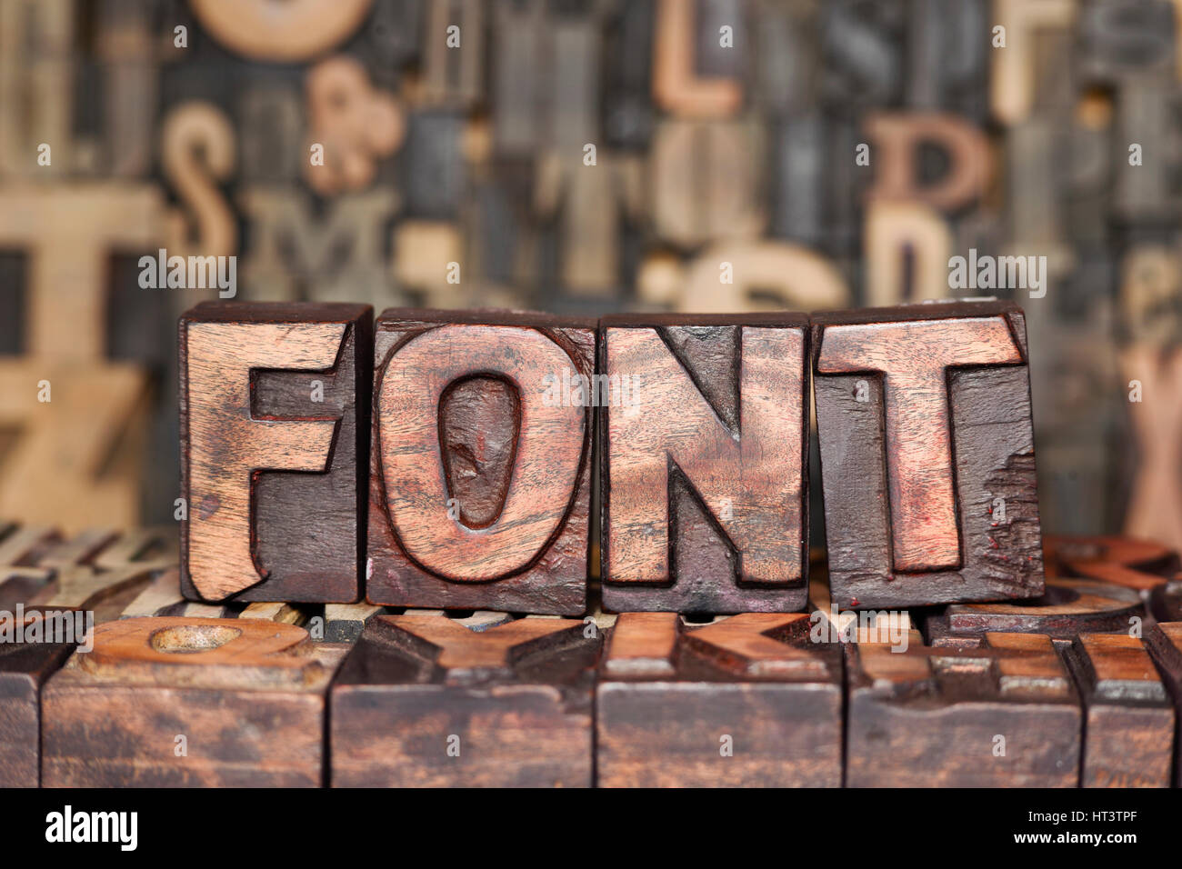 FONT word made from wooden letterpress blocks on many different letters ...