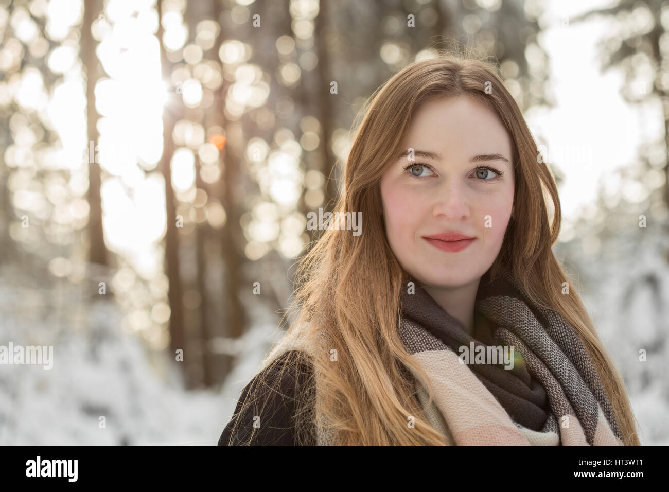 young happy woman has fun at winter wood walk Stock Photo - Alamy