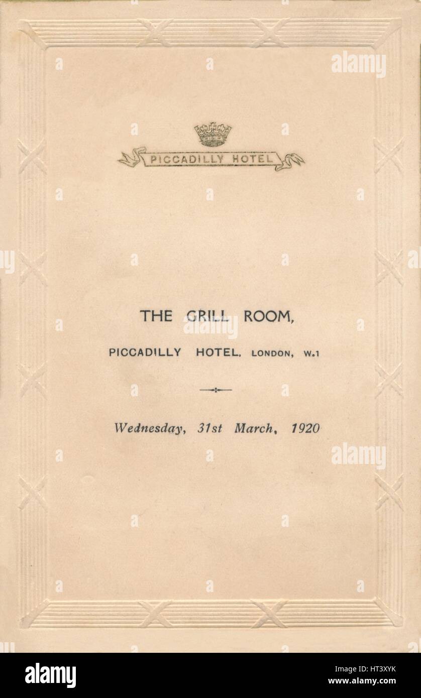 A menu for The Grill Room of the Piccadilly Hotel, London, 1920. Artist ...