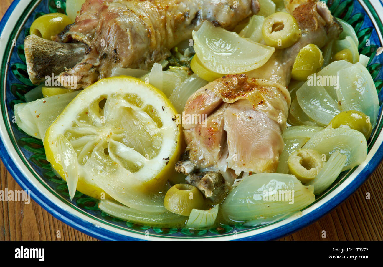 Djej bil Besla - algerian dish chicken with saffron and olives Stock ...